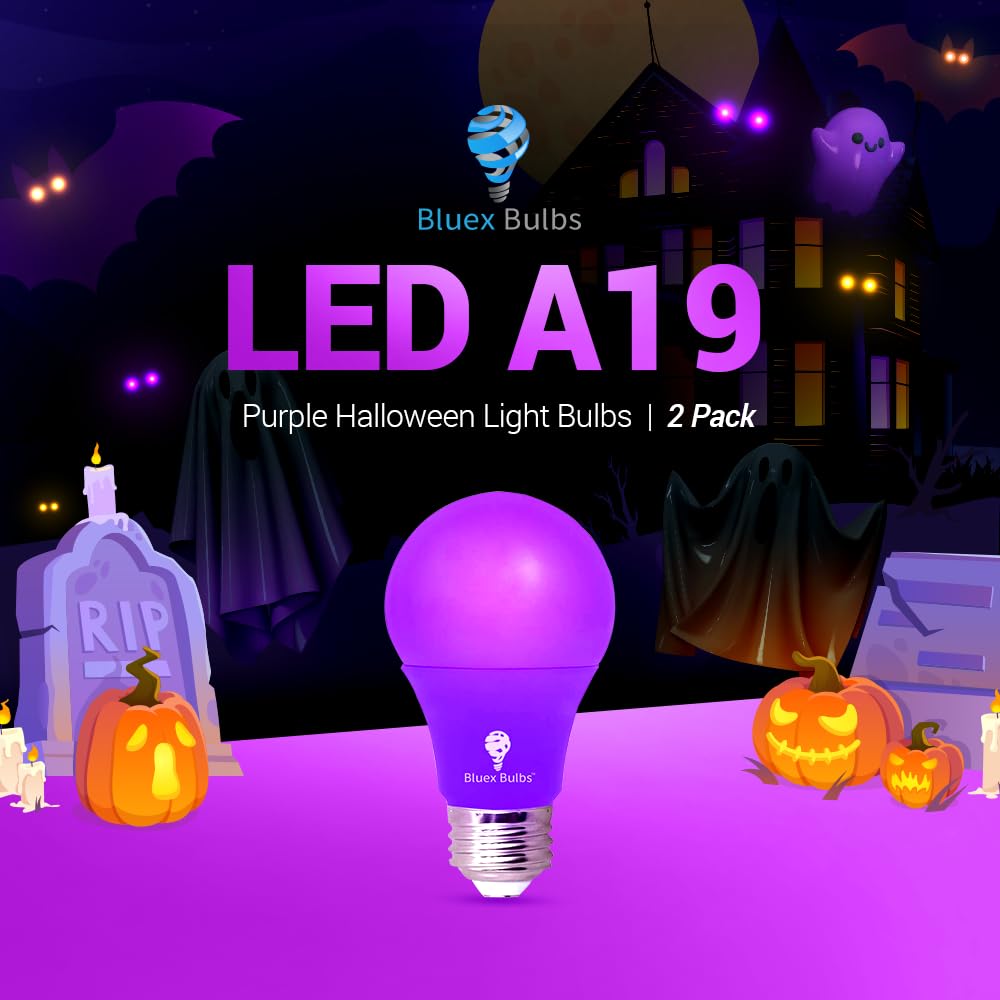 Bluex Bulbs 2 Pack LED A19 Purple Light Bulb - 9W (60Watt Equivalent) - E26 Base LED Purple Bulb, Party Decoration, Porch, Home Lighting, Holiday Lighting, Decorative Illumination (Purple)
