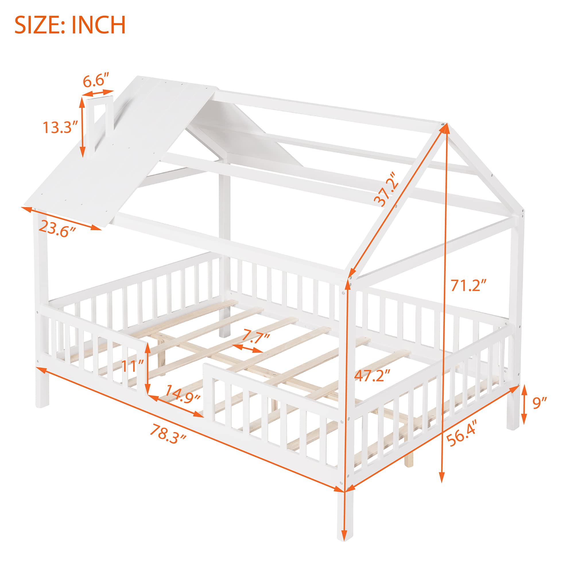 AOCOROE Full Size House Bed Frames for Boys and Girls,Wood Full Bed Frame House-Shaped Canopy Bed Frame with Slats and Surrounding Guard Rails, Full Size