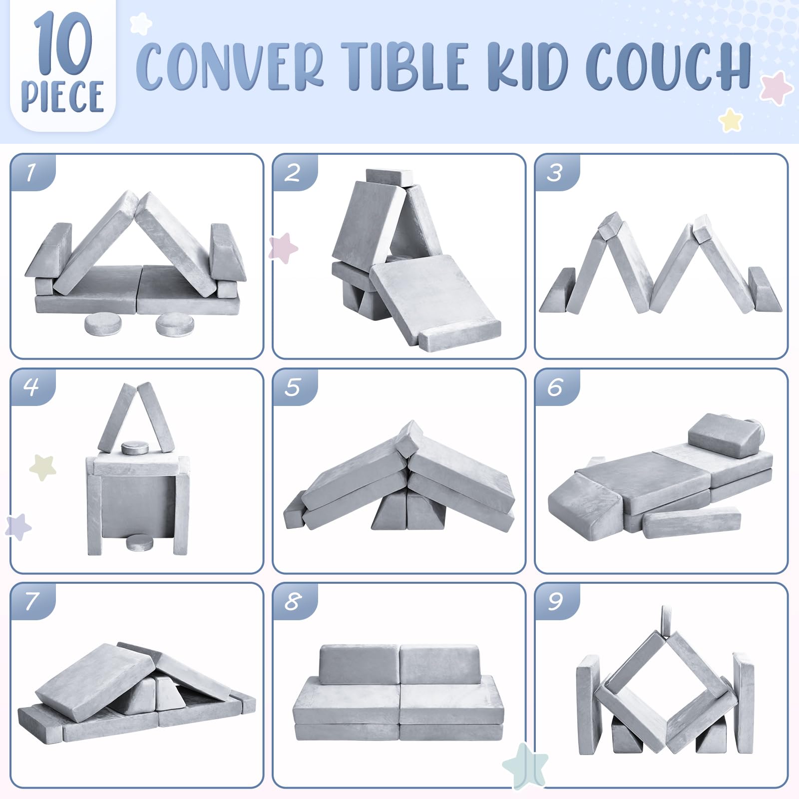 Mmucco Kids Play Couch, 10Pcs Toddler Couch, Kids Sofa Couch, Play Couch Sofa Playroom Bedroom,Modular Kids Couch for Playing, Creativing, Sleeping (Grey)