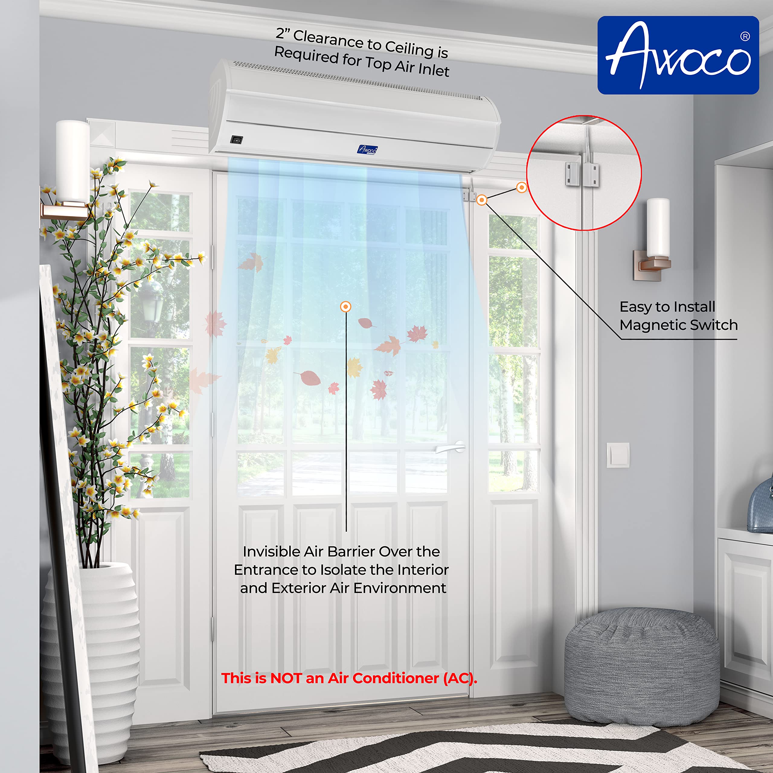 Awoco 36" Elegant 2 Speeds 900 CFM Unheated Indoor Air Curtain with an Easy-Install Magnetic Door Switch