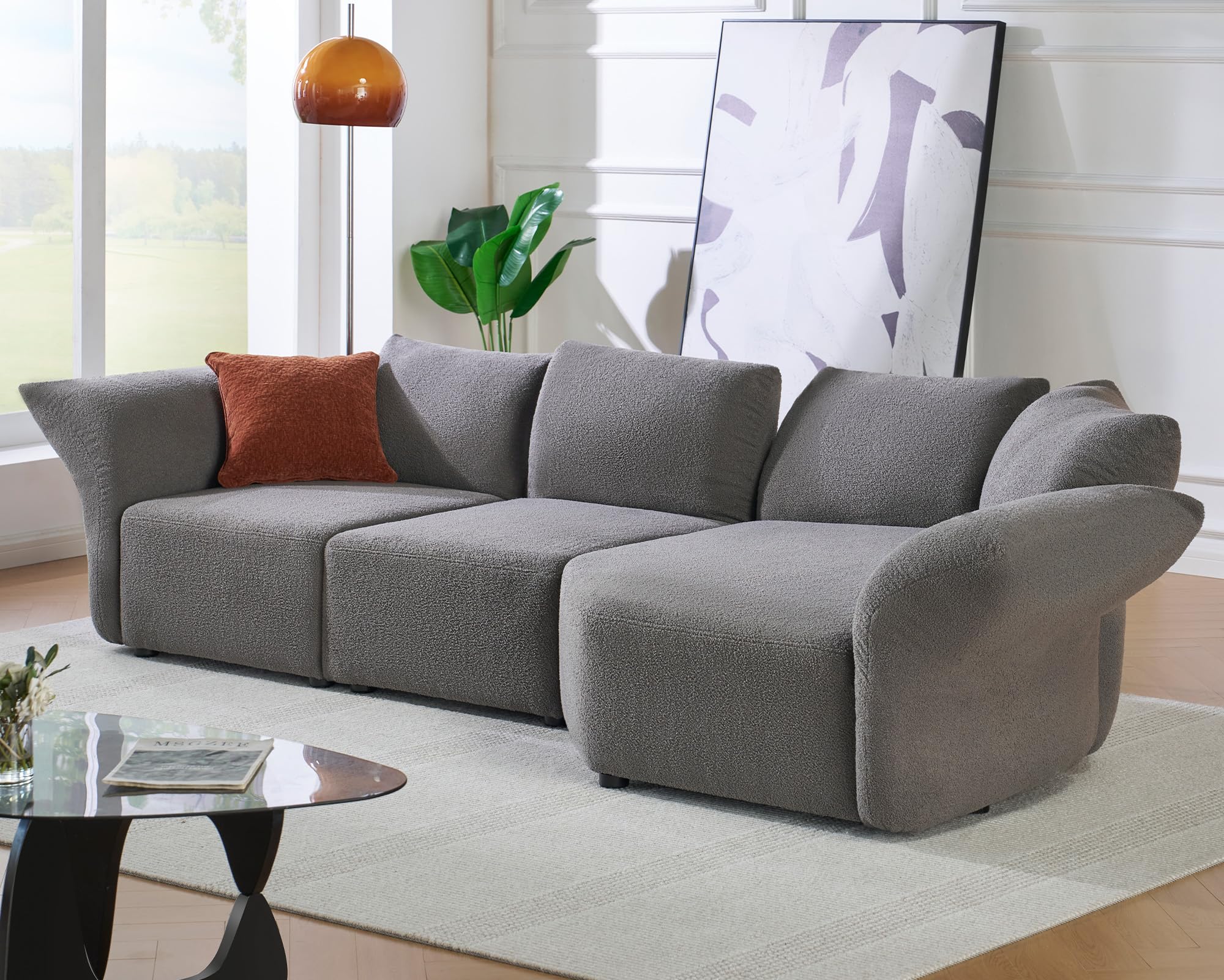 AMERLIFE Sectional Sofa, 3 Seats Comfy Sofa with Adjustable Arm and Backrest, 118 Inch Oversized Sectional Couches for Living Room, Black Bouclé