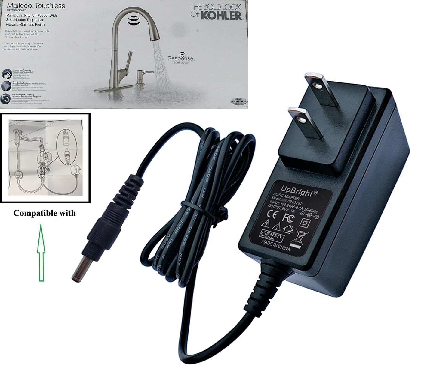 UpBright 9V AC/DC Adapter Compatible with Kohler Malleco Touchless R77748 K-R77748-SD VS K-R77748 K-R31498-NA K-R31498 Electronic Kitchen Sink Faucet for 1.5V x 6 AA Batteries Pack 9VDC Power Supply