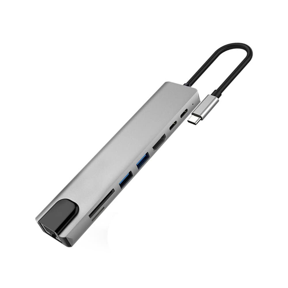 8-in-1 USB-C Hub Docking Station Adapter with 4K HDMI HD Display / 87W USB-C PD3.0 Power Delivery / USB-C Data Transmission / 2 * USB 3.0 / RJ45 Ethernet / Memory Card Readers