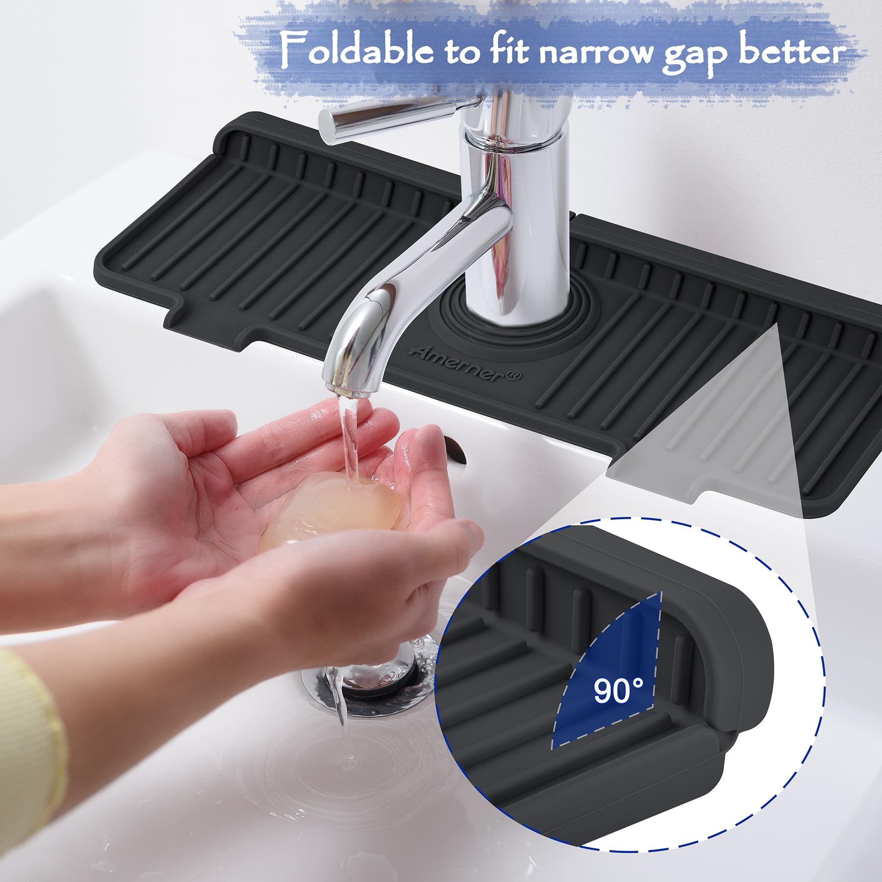 Amerner Kitchen Sink Splash Guard, 10° Large Slope & Adaptable Hole Faucet Mat for Kitchen Sink, Silicone Sink Organizer Sponge Holder for Kitchen, Bathroom, RV, Bar, 14.2” x 5.1”, Black