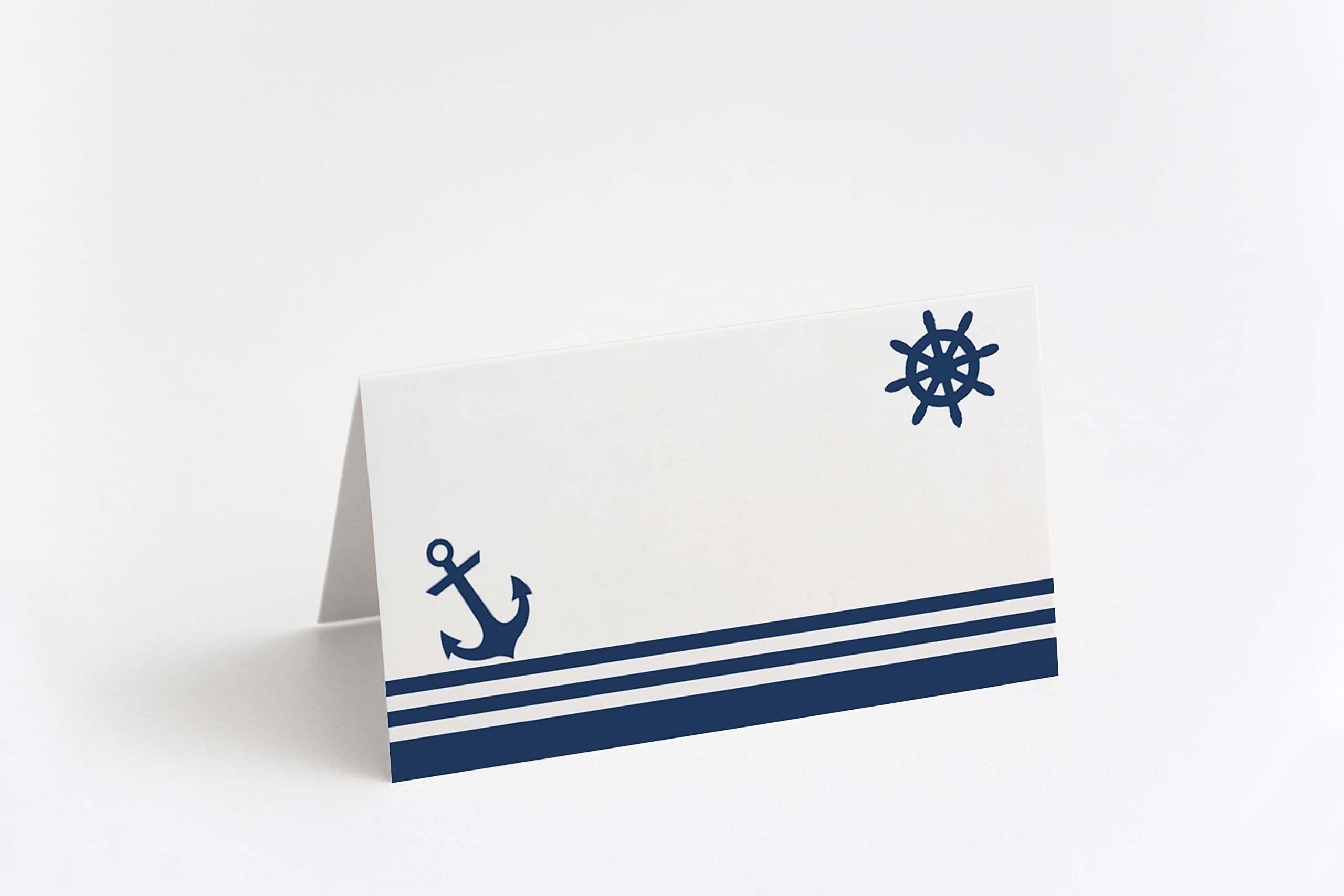 Nautical Place Cards - 25 Pack - Nautical Food Cards. Blue Anchor and Captain’s Wheel over Stripes Design, for Dinner Parties, Banquets, Cocktail Parties, Buffet. 2” x 3.5”. Scored for Folding.