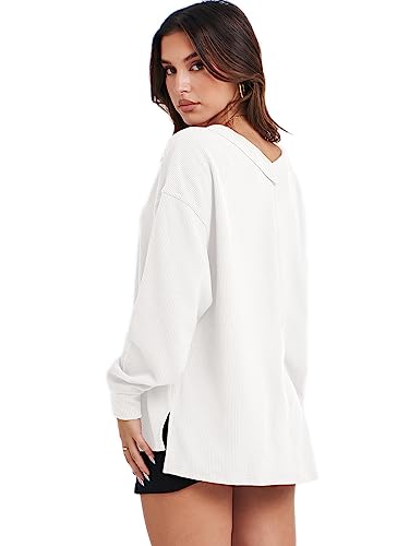 ANRABESS Women’s Casual Long Sleeve Sweatshirt V Neck Off Shoulder Shirt Loose Baggy Comfy Knit Pullover Sweaters Tunic Top 2023 Fall Clothes A1069baise-XL White