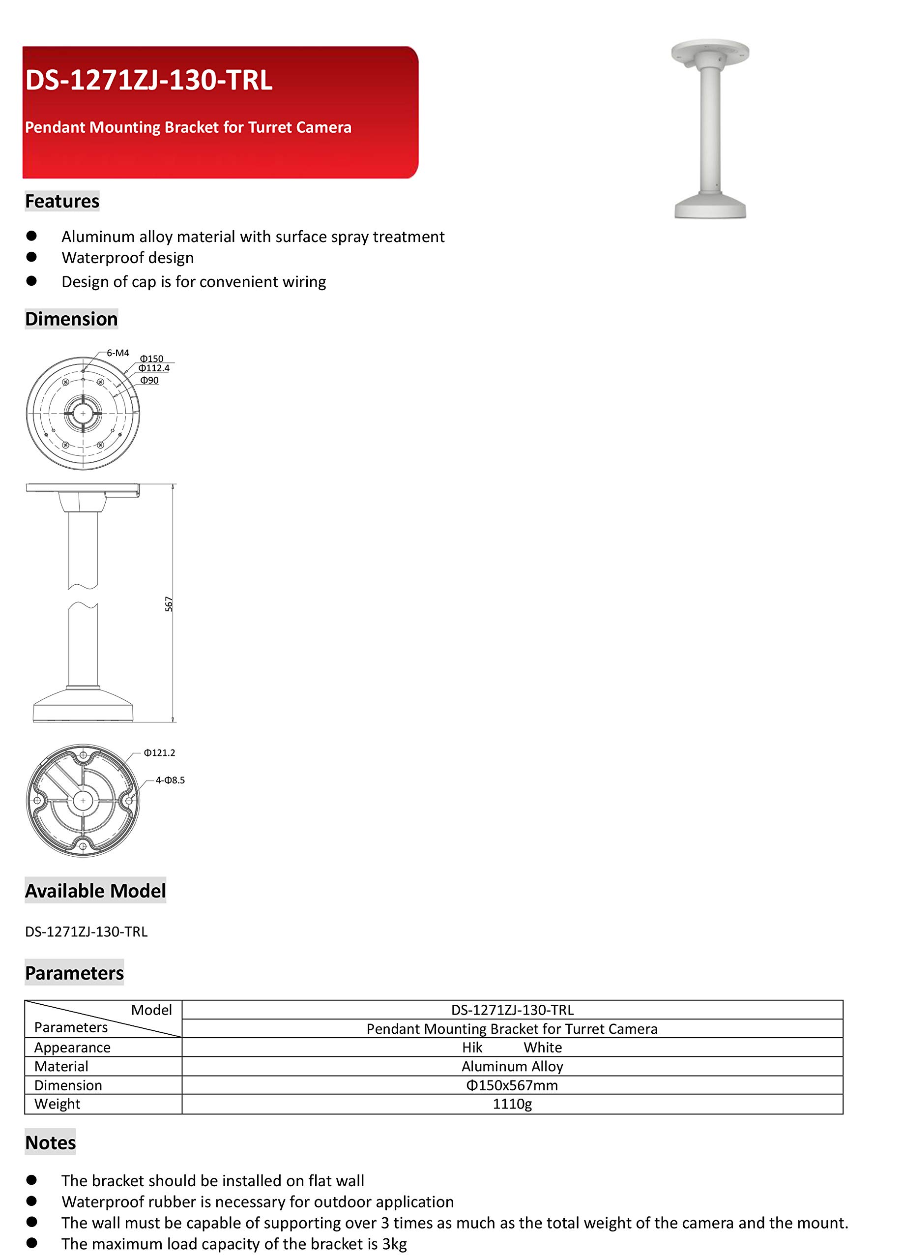 CPM PC130T DS-1271ZJ-130-TRL Pendant Mounting Bracket for Hik Turret Dome Camera DS-2CD2342WD-I (White)