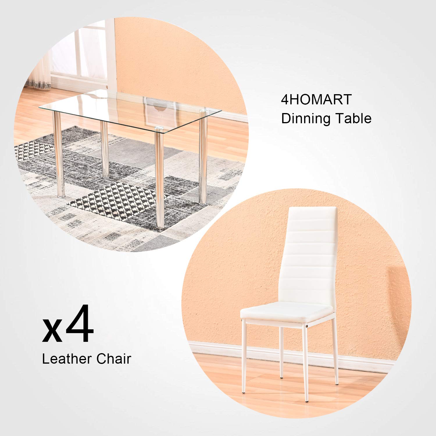 4HOMART 5 PCS Kitchen Table Set Modern Tempered Glass Top Table and PU Leather Chairs with 4 Chairs Dining Room Furniture White