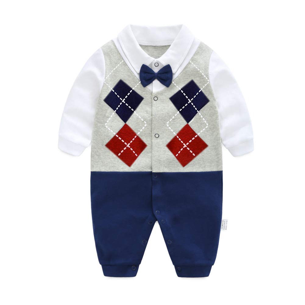 GORBAST Newborn Baby Boys' Gentleman Romper Clothes Suit Long Sleeve Jumpsuit Outfit with Bow Tie (0-3Months, SG046)
