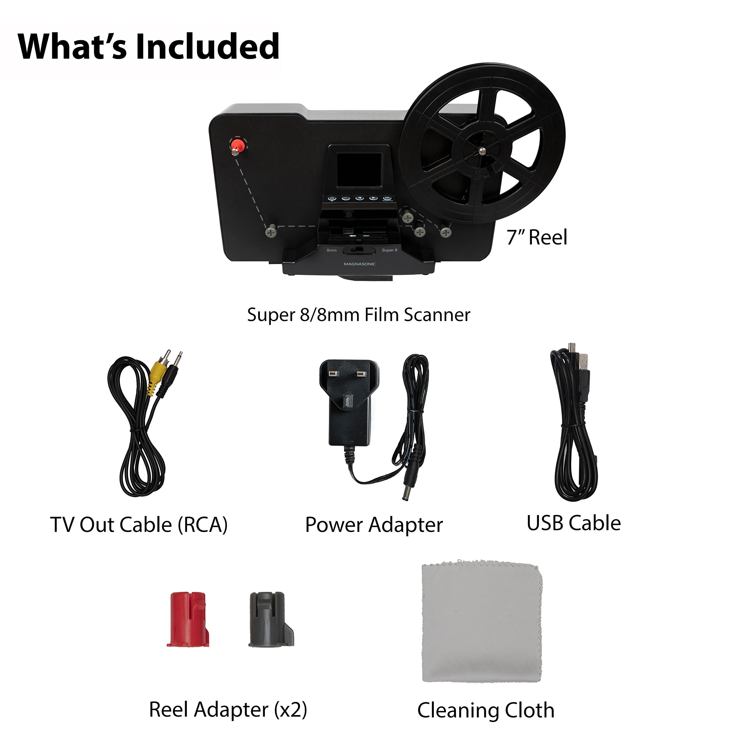 Magnasonic Super 8/8mm Film Scanner, Converts Film into Digital Video, Vibrant 2.3" Screen, Digitize and View 3", 5" and 7" Super 8/8mm Movie Reels (FS81)