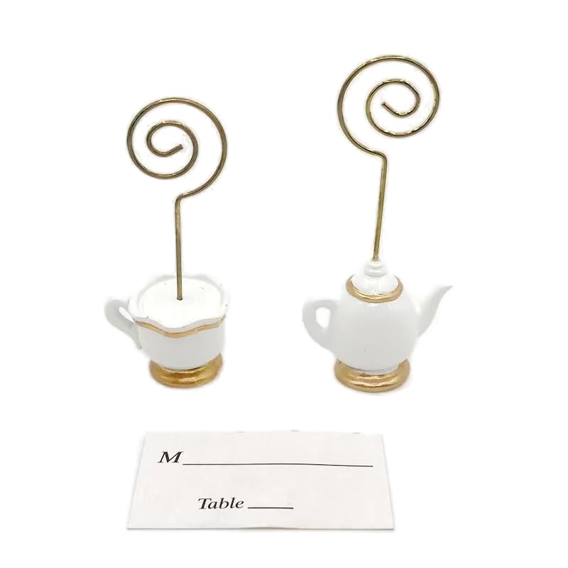 AMERRY 10Pcs Teapot Table Card Holder,Place Card Holders, Table Number Holder,Photo Holders, Party Favors, Wedding Decorations ,Delicious Afternoon Tea, Delicious Breakfast teapot(Golden and White)