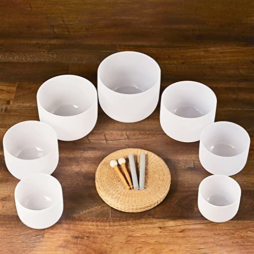 432HZ 8-14 Inch Set of 7 Pcs Frosted Quartz Crystal Singing Bowls With 2 Pcs Carrying Case bag
