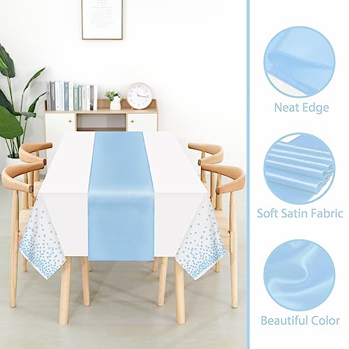 8 Pack Disposable Plastic Tablecloths and Satin Table Runner Set, 54 x 108 Inch Rectangle Tablecloth, 12 x 108 Inch Satin Table Runner for Wedding Graduation Birthday Party (Blue)