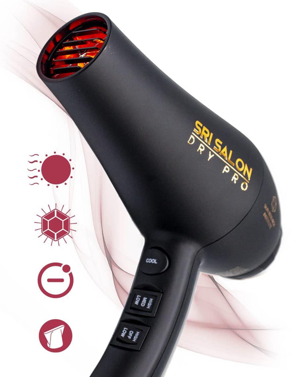 SRI Salon Dry Pro, Infrared Light Blow Dryer with Salon Results, Negative Ions for Reduced Frizz, Fast-Drying & Max Shine, 1875W, Free Attachments - Concentrator, Diffuser, & Comb
