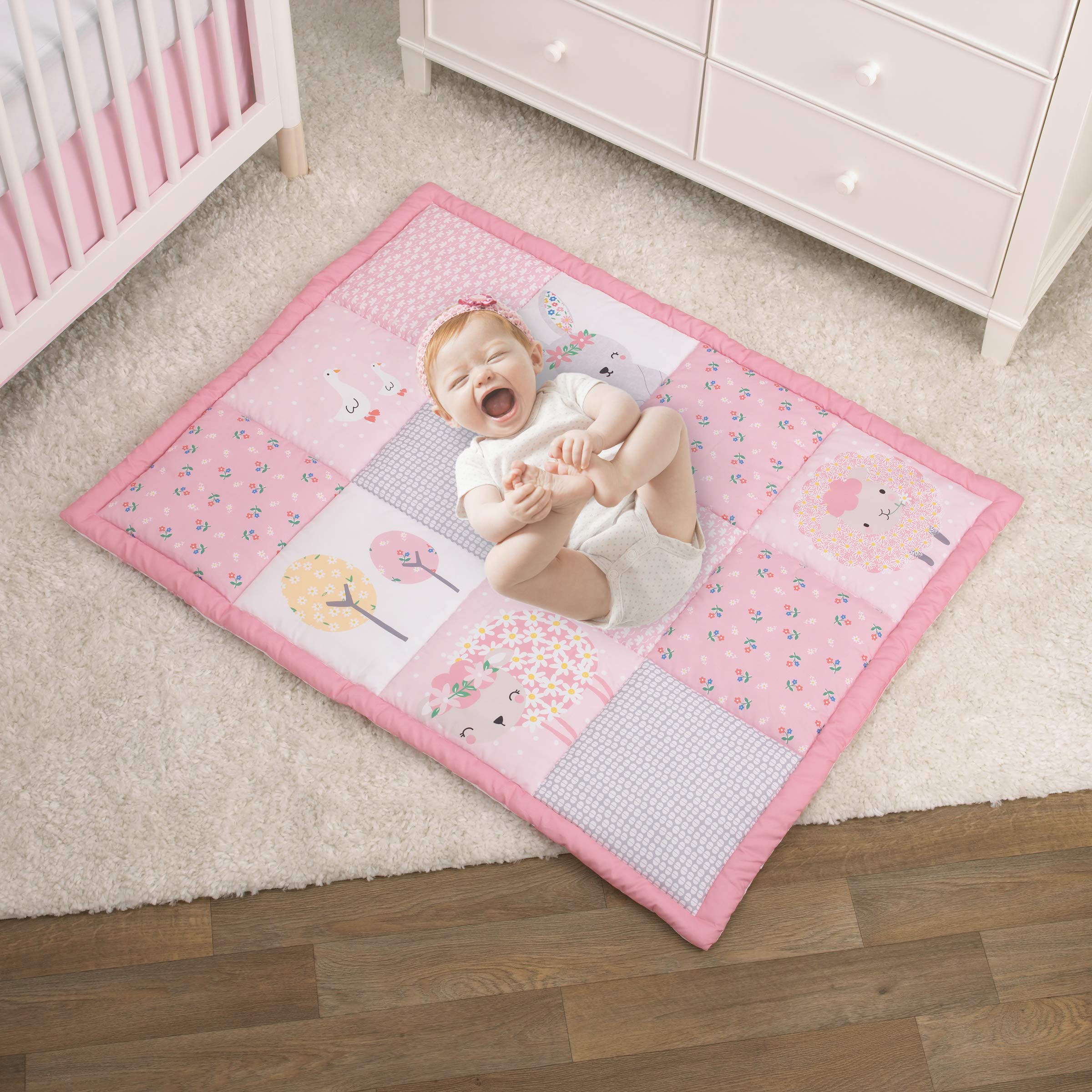 Little Love by NoJo Farm Chic - Little Lambs Pink, Grey and White 3 Piece Crib Bedding Set- Comforter, Fitted Crib Sheet, Dust Ruffle