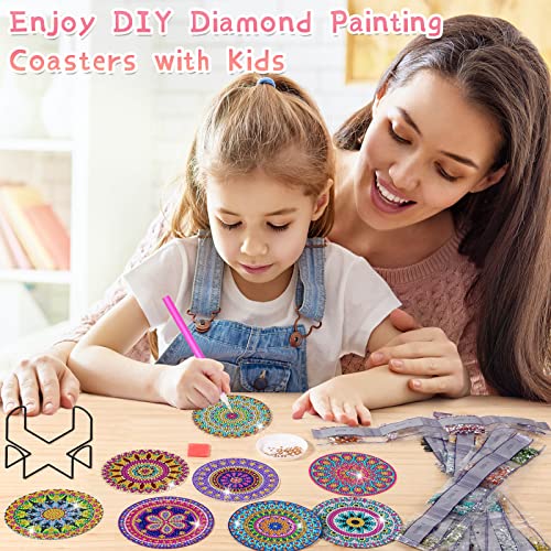 Billbotk Diamond Painting Coasters Kit, 8 Pieces Mandala with Holder, DIY Art for Beginners, Kids
