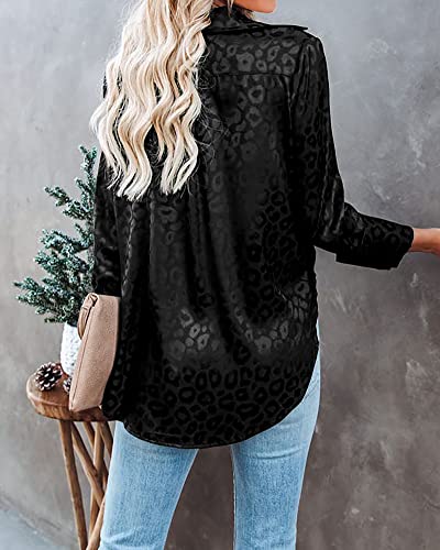 BTFBM Women's Satin Button Down Shirts Roll Up Long Sleeve Lapel V Neck Loose Casual Work Summer Fall Blouse Tops 2023(Leopard Black, Small)