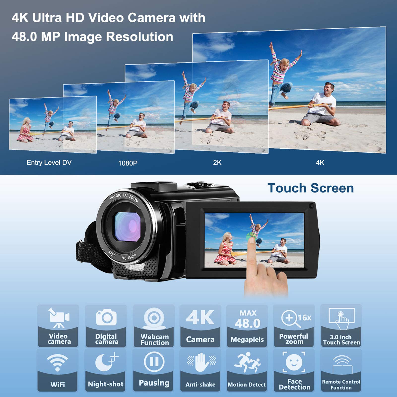 4K Camcorder Video Camera Rosdeca Ultra HD 48.0MP WiFi Digital Camera IR Night Vision 3.0" IPS Touch Screen 16X Digital Zoom with External Microphone, Wide Angle Lens, 2 Batteries and Memory Card