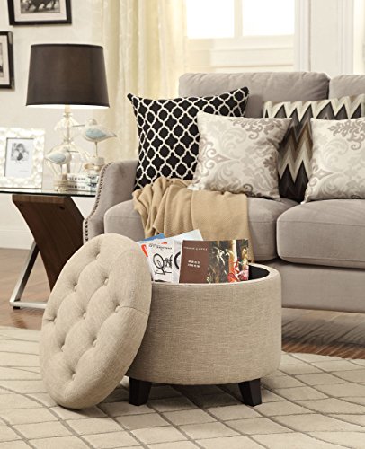 Convenience Concepts Designs4Comfort Round Storage Ottoman 19.75" - Versatile Contemporary Foot Stool for Living Room, Office, Tan Fabric