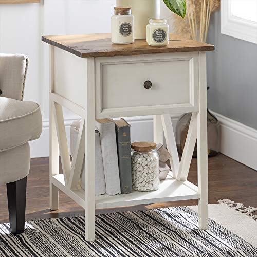 Walker Edison Natalee Modern Farmhouse 1 Drawer Wood Square Side Table Living Room Small End Accent Table, 19 Inch, Rustic Oak and White