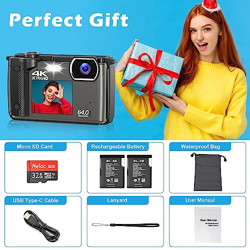 4K Digital Camera,Vmotal UHD 64MP Photo 4K/60FPS Video,Dual Screens/16x Zoom/Time-Lapse/Slow-Motion/with WiFi/Autofocus Vlogging Camera Beginner