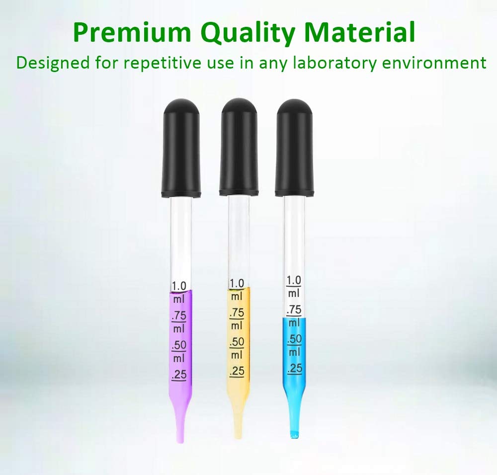 Pack of 12 Graduated 1ml, Glass Dropper with Black Suction Bulb, Medicine Eye Droppers 4" Straight Tip Calibrated for Essential Oils, Science Laboratory Medicine Art Liquid Plant Nutrients