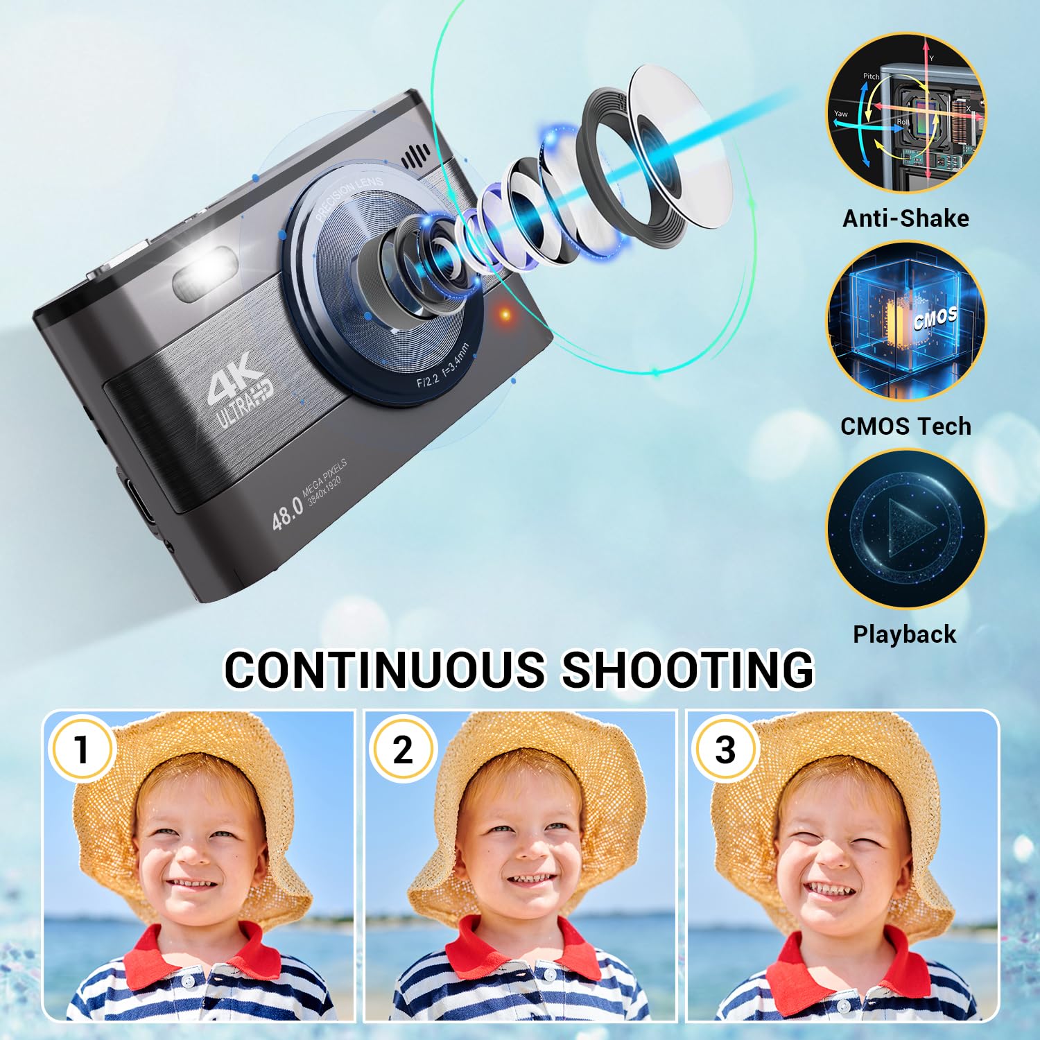 4K Digital Camera, 48MP Vlogging Camera for Photography YouTube Compact Travel Camera with Flash,18X Digital Zoom, Anti Shake 32G SD Card and 2 Batteries