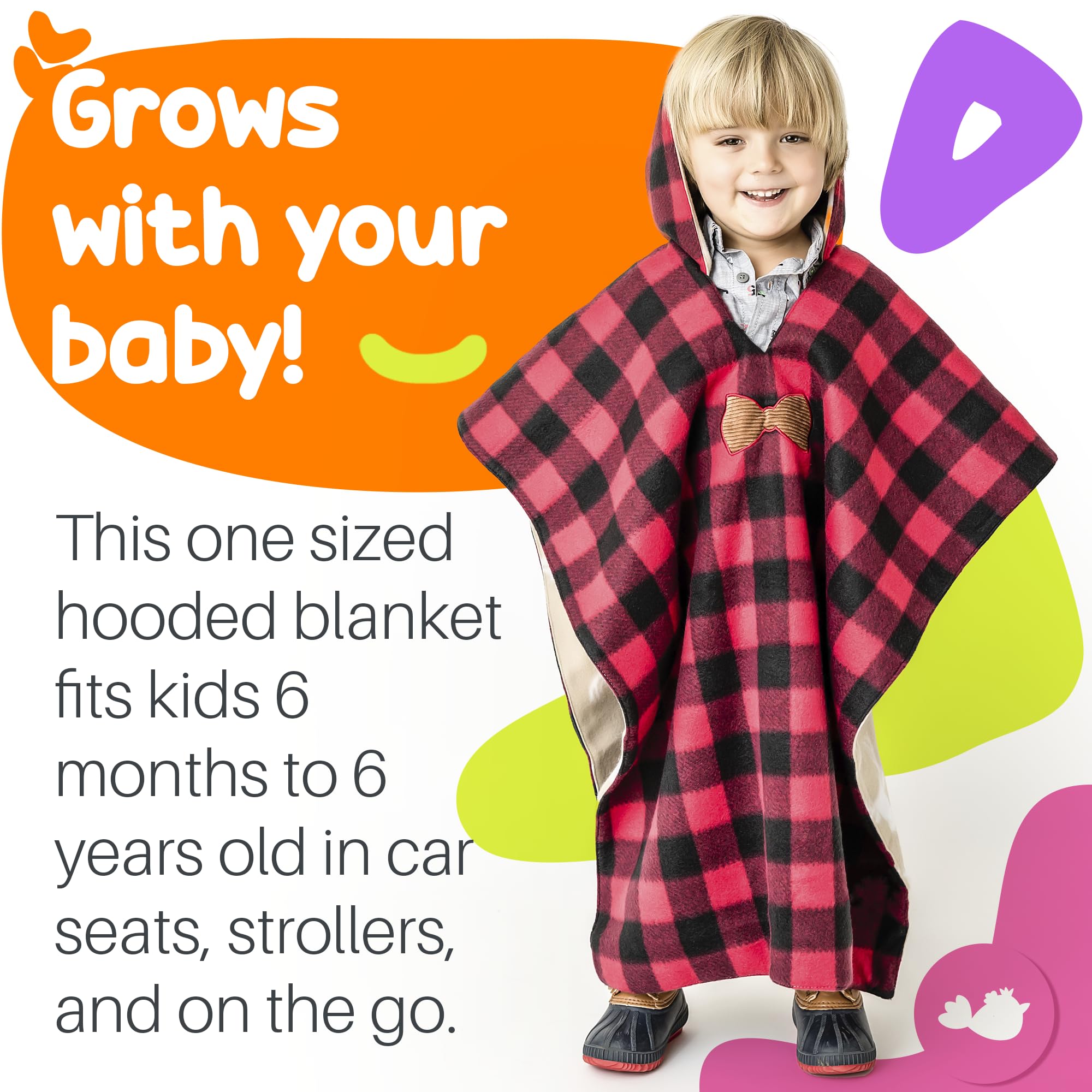 Birdy Boutique Car Seat Poncho for Kids – Safe to Use Over Seat Belts – Reversible Warm and Cozy Blanket – Easy on Easy Off and Doesn’t Impact Car Seat Performance – Deer and Buffalo Plaid – One Size