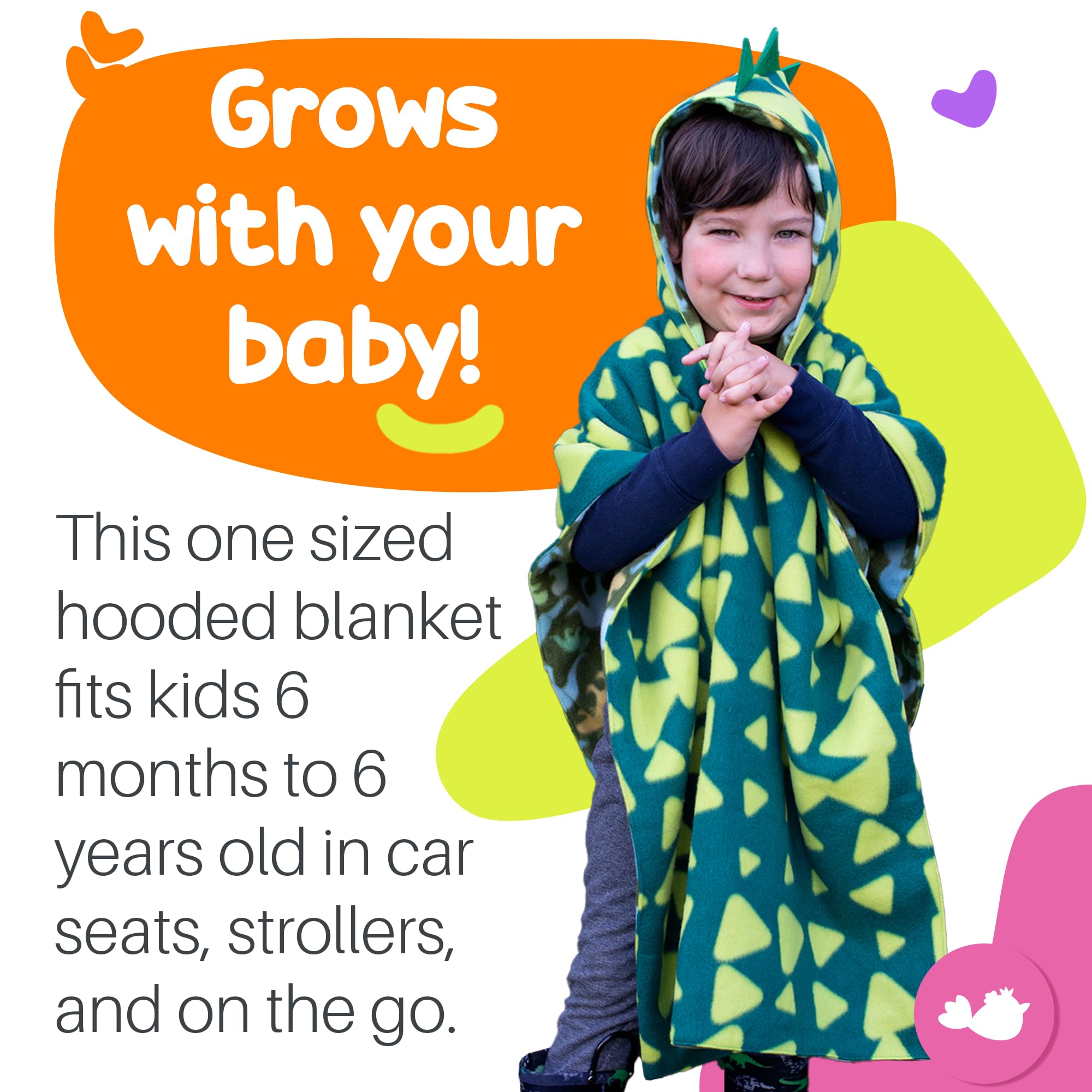 Birdy Boutique Car Seat Poncho for Kids – Safe to Use Over Seat Belts – Reversible Warm and Cozy Blanket – Easy on Easy Off and Doesn’t Impact Car Seat Performance – Green Dinosaur – One Size