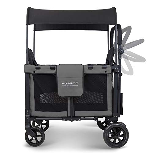 WONDERFOLD W2 Original+ Stroller Wagon (2 Seater) - Collapsible Wagon Stroller with Seats with 5-Point Harnesses, Easy-Access Door, and Adjustable Sun Canopy, Charcoal Gray