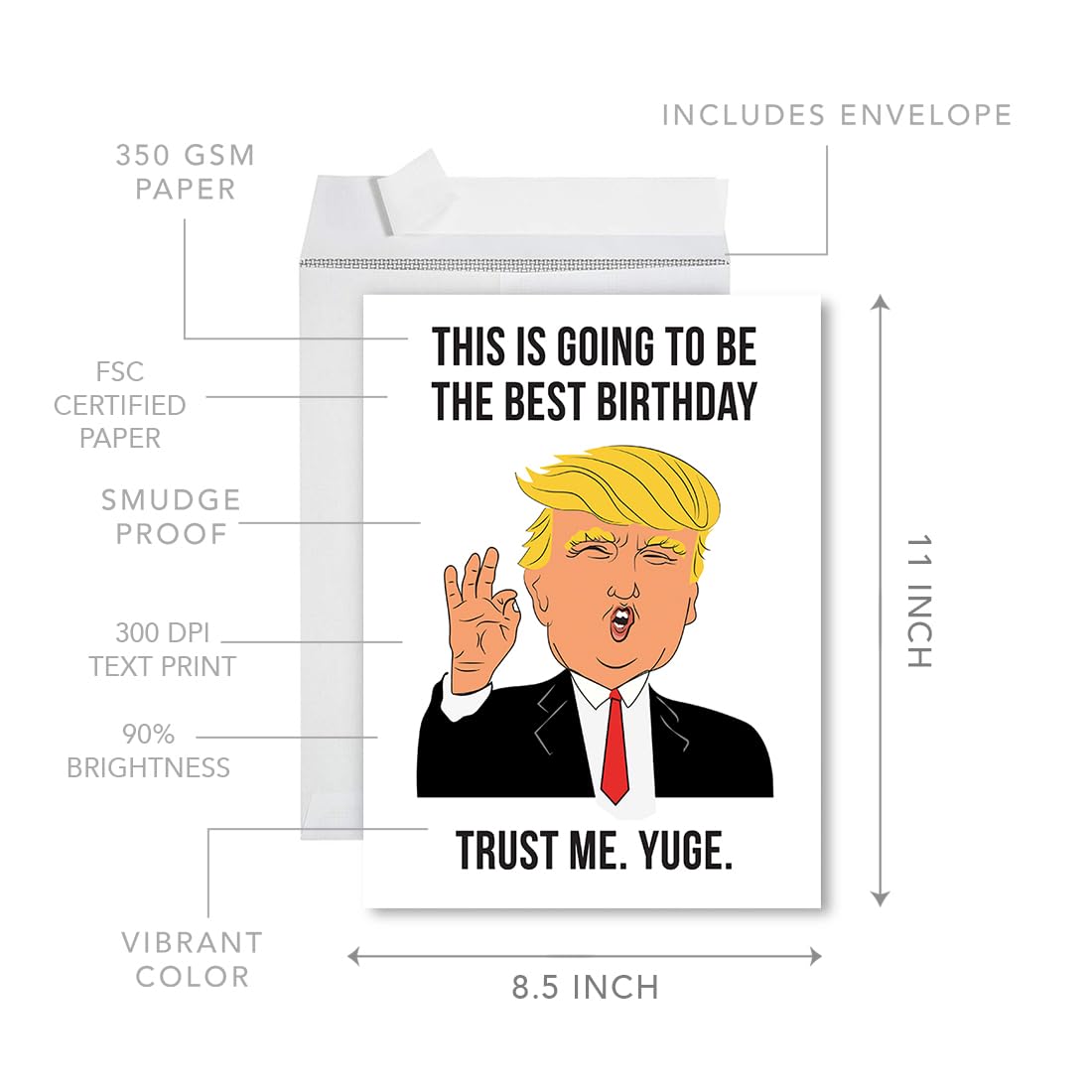 Andaz Press Funny Jumbo Birthday Card With Envelope 8.5 x 11 inch, Greeting Card, Trump Best Birthday, Yuge