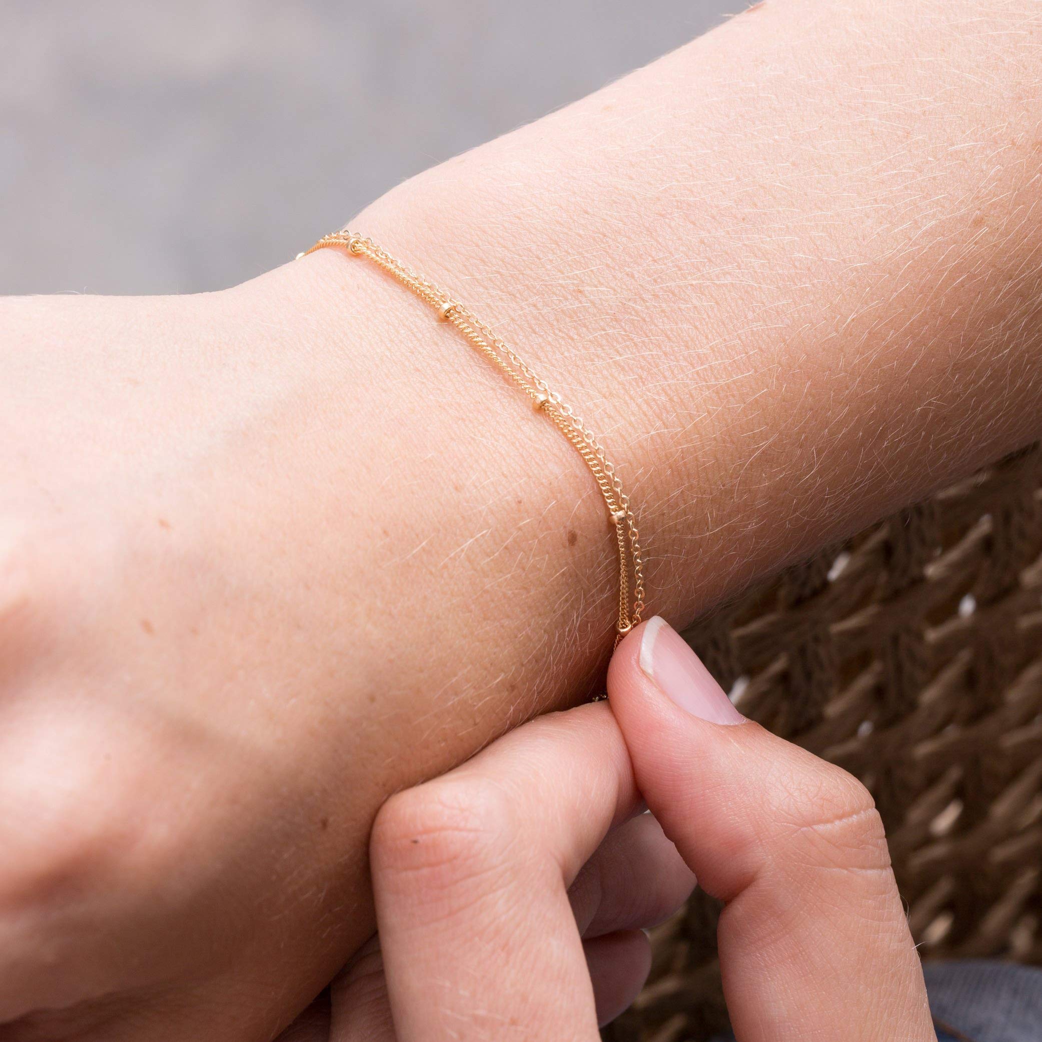 Aobei Pearl 18k Gold Beaded Chain Bracelet Satellite Chain Link Bracelet Minimalist Layering Jewelry for Women 7''