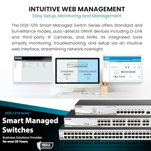 D-Link 10-Port Gigabit Smart Managed PoE+ Switch | 8 PoE+ Ports (130W) + 2 SFP Ports | L2+ | VLANs | Web Managed | Surveillance Mode | Desktop or Rackmount | Fanless | NDAA Compliant (DGS-1210-10MP)