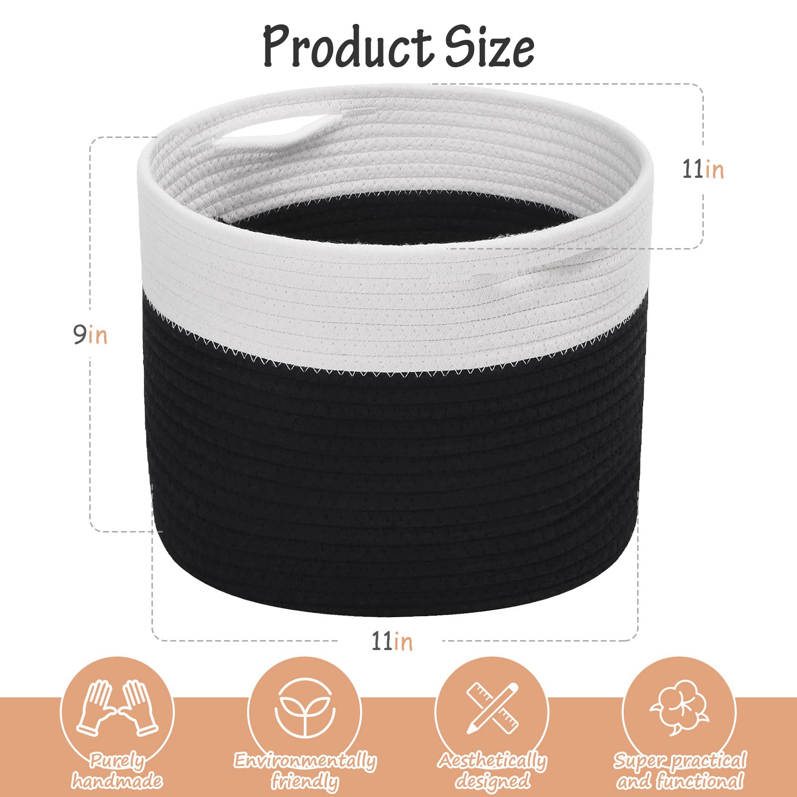 BNDSKLAI Cotton Rope Storage Baskets 11 x 11 x 9 inches, Cube Shelf Storage Organizer for Laundry, Towel, Clothes, Books, Shelves(White/Black, 1Pack)