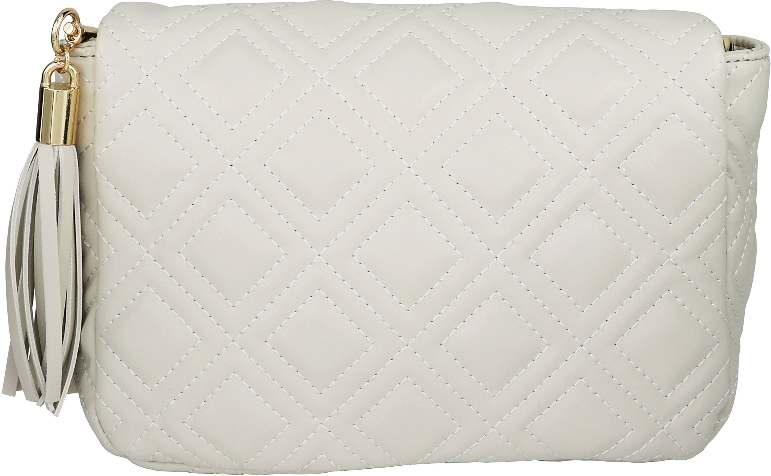 B BRENTANO Vegan Quilted Flap-Over Crossbody Bag with Chain Strap and Tassel Accent (Off-White)
