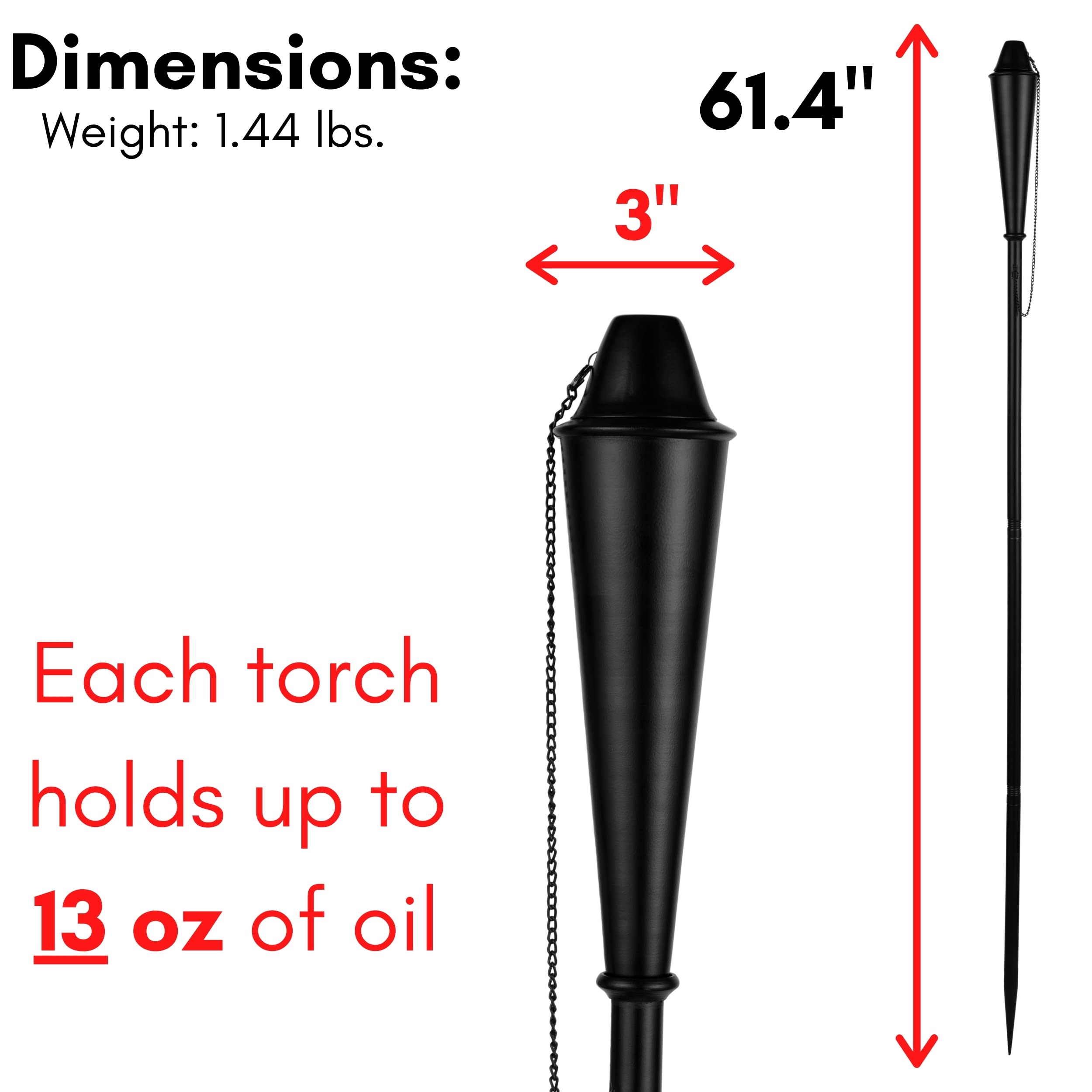 BIRDROCK HOME Mallorca Outdoor Torches - Relaxing Backyard Lighting, Easy Refill Extra Wide Mouth, Adjustable Height, Citronella Oil Compatible - Set of 4, Black, 13oz