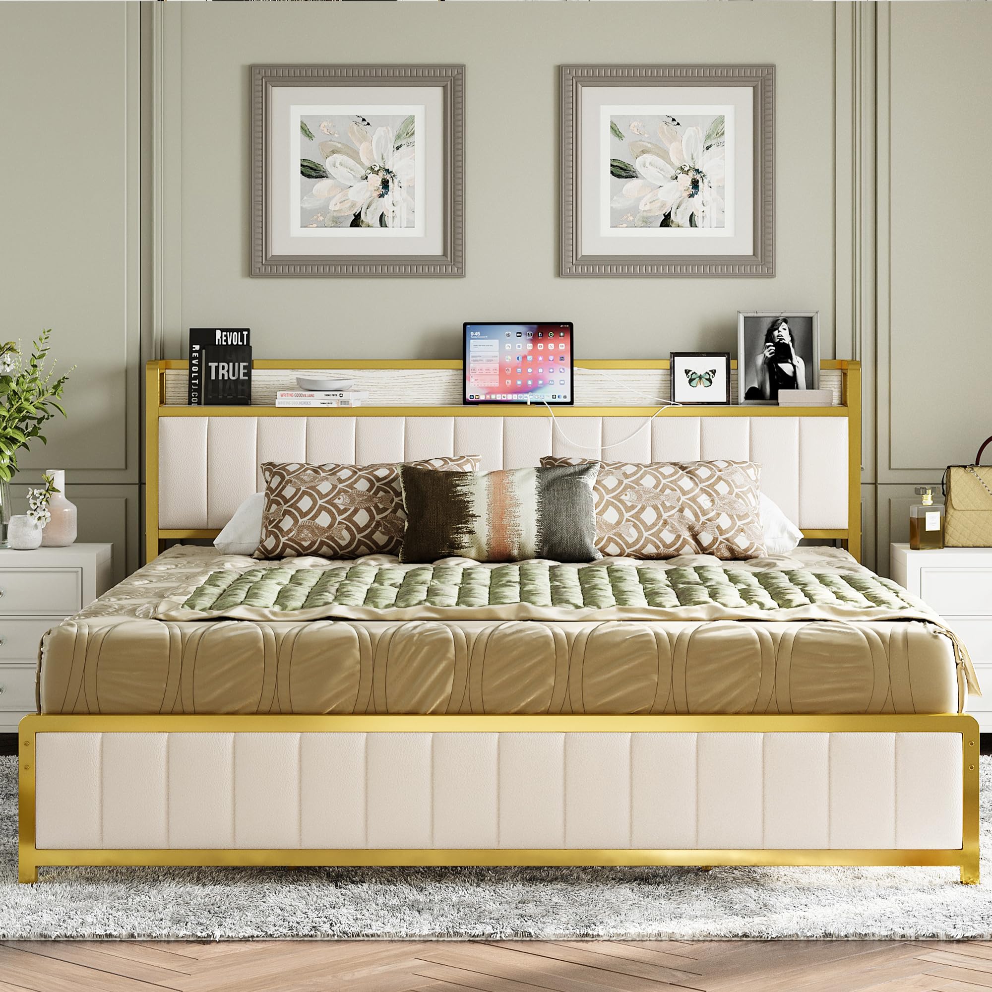 ANCTOR King Bed Frames, Storage Headboard with Charging Station, Solid and Stable, Noise Free, No Box Spring Needed, Easy Assembly