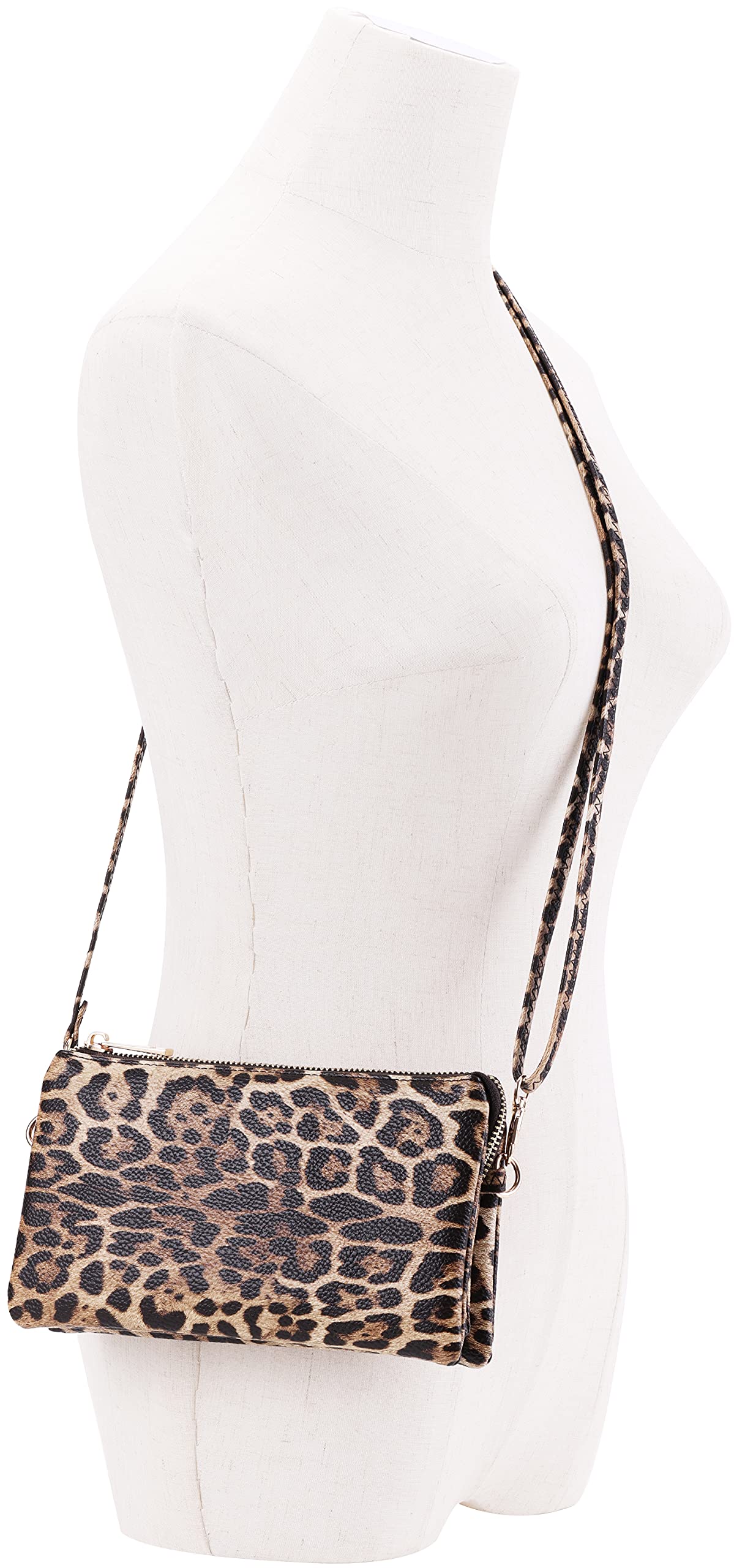 B BRENTANO Vegan Leather Multi-Pocket Crossbody Purse/Clutch with Card Slots, Removable Wristlet & Adjustable Shoulder Strap (Leopard Black)