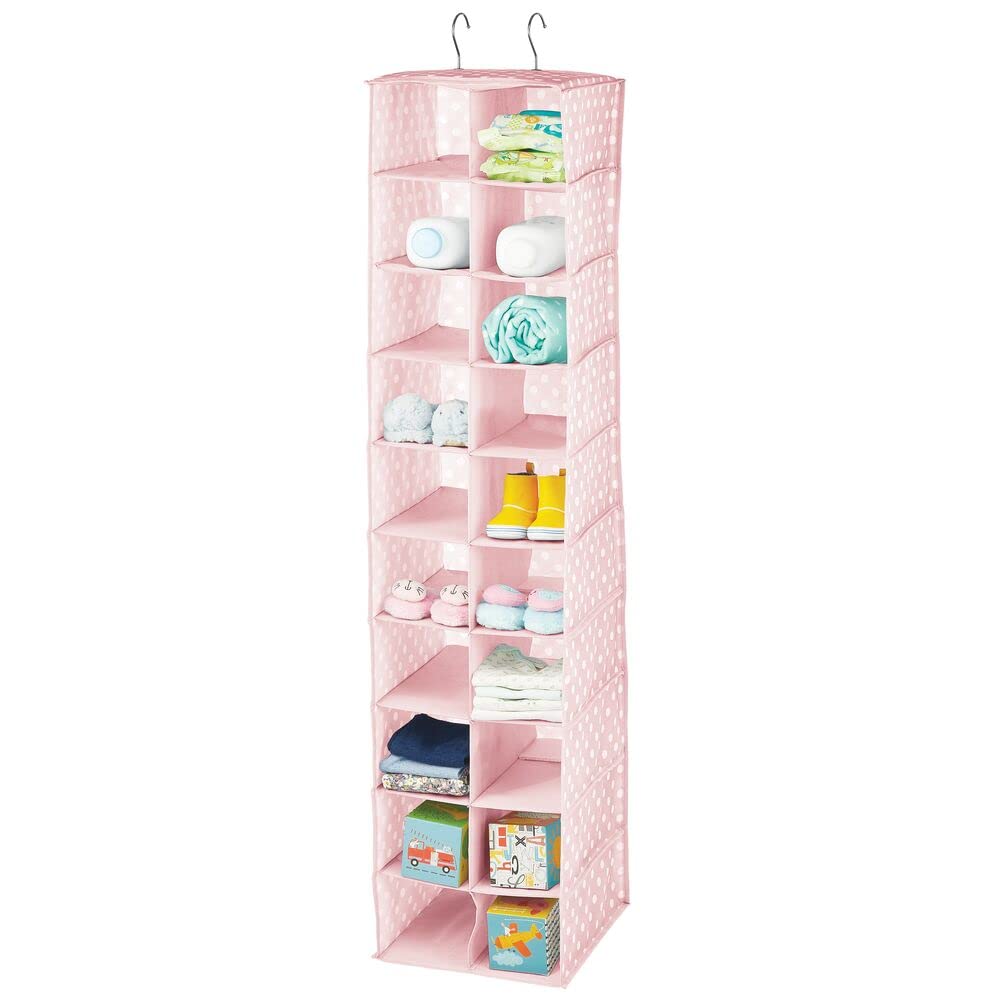 mDesign Soft Fabric Over Closet Rod Hanging Storage Organizer with 20 Shelves for Baby Room or Nursery - Tiered Hanging Organizers - Polka Dot Print - Pink/White