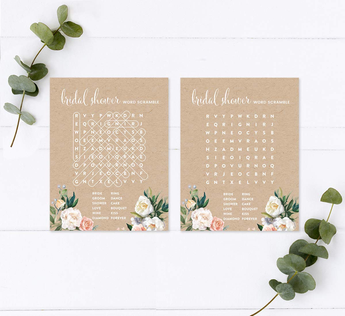 Andaz Press Peach Coral Kraft Brown Rustic Floral Garden Party Wedding Collection, Word Search Bridal Shower Game Cards, 20-Pack