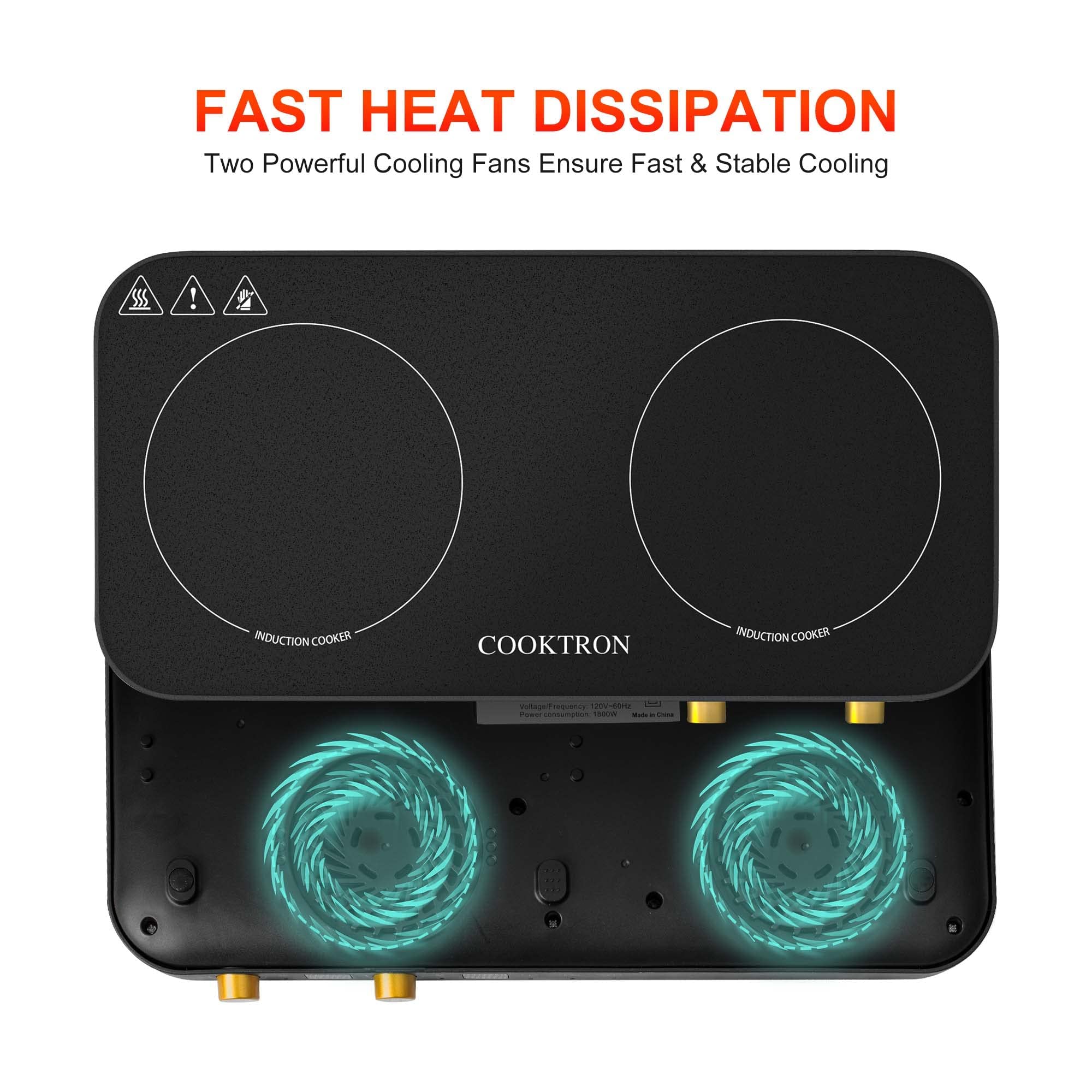 COOKTRON Portable Induction Cooktop 2 Burner with Removable Iron Cast Griddle Pan Non-stick, 1800W Double Induction Cooktop with Child Safety Lock & Time, Great for Family Party