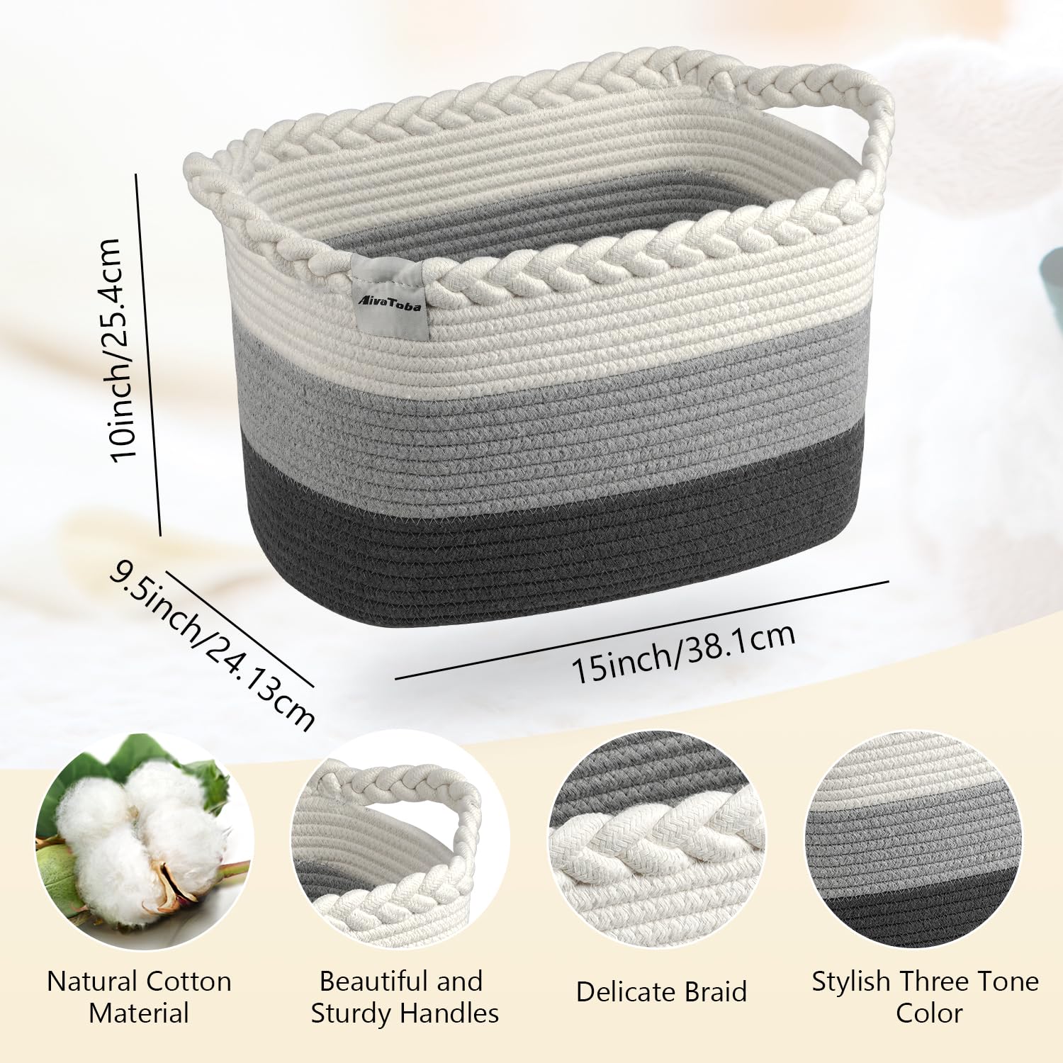 AivaToba 3 Pack Storage Basket: Toy Basket Cotton Rope Basket with Handles - Decorative Basket for Clothes, Blankets, Toys, Books( 13.4” x 8” x 9” )