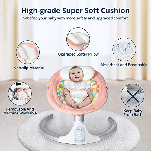 Bioby Baby Swing for Infants,The Five-Point Seat Belt,Bluetooth Touch Screen/Remote Control Baby Bouncer with Music Speaker,Motorized Portable Swing with 5 Swing Speeds(Pink)
