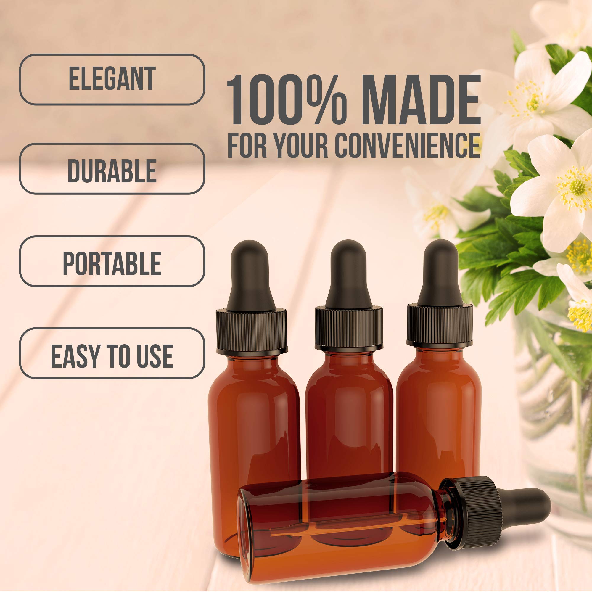 Nylea 4 Pack Essential Oil Bottles - Round Boston Empty Refillable Amber Bottle with Glass Dropper [ Free Stainless Steel Funnel ] for Liquid Aromatherapy Fragrance Lot - (1/3 oz) 10ml