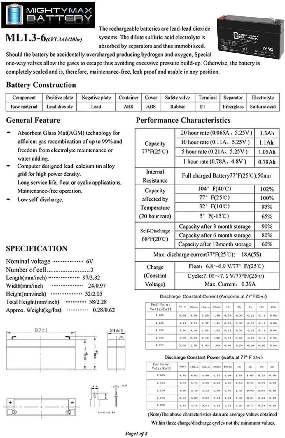 Mighty Max Battery 6v 1.3ah Replacement Battery for Universal Battery ub613k