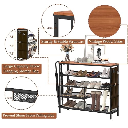 Bonzy Home Shoe Rack For Entryway, 5-Tier Shoe Shelves with Umbrella Holder and Fabric Pockets, Metal Mesh, Flat & Slant Adjustable Free Standing Shoe Racks for 21 Pairs