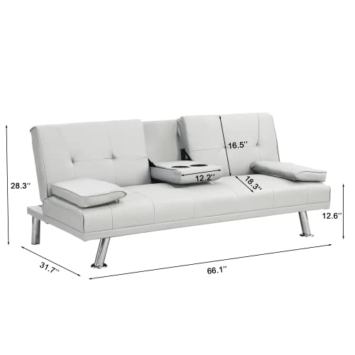 anwickjeff Convertible Folding Futon Sofa Bed with Metal Legs & 2 Cupholders, Modern Faux Leather Upholstered Couch Loveseat Sleeper, Folding Couches Bed, Removable Armrests for Small Spaces (White)