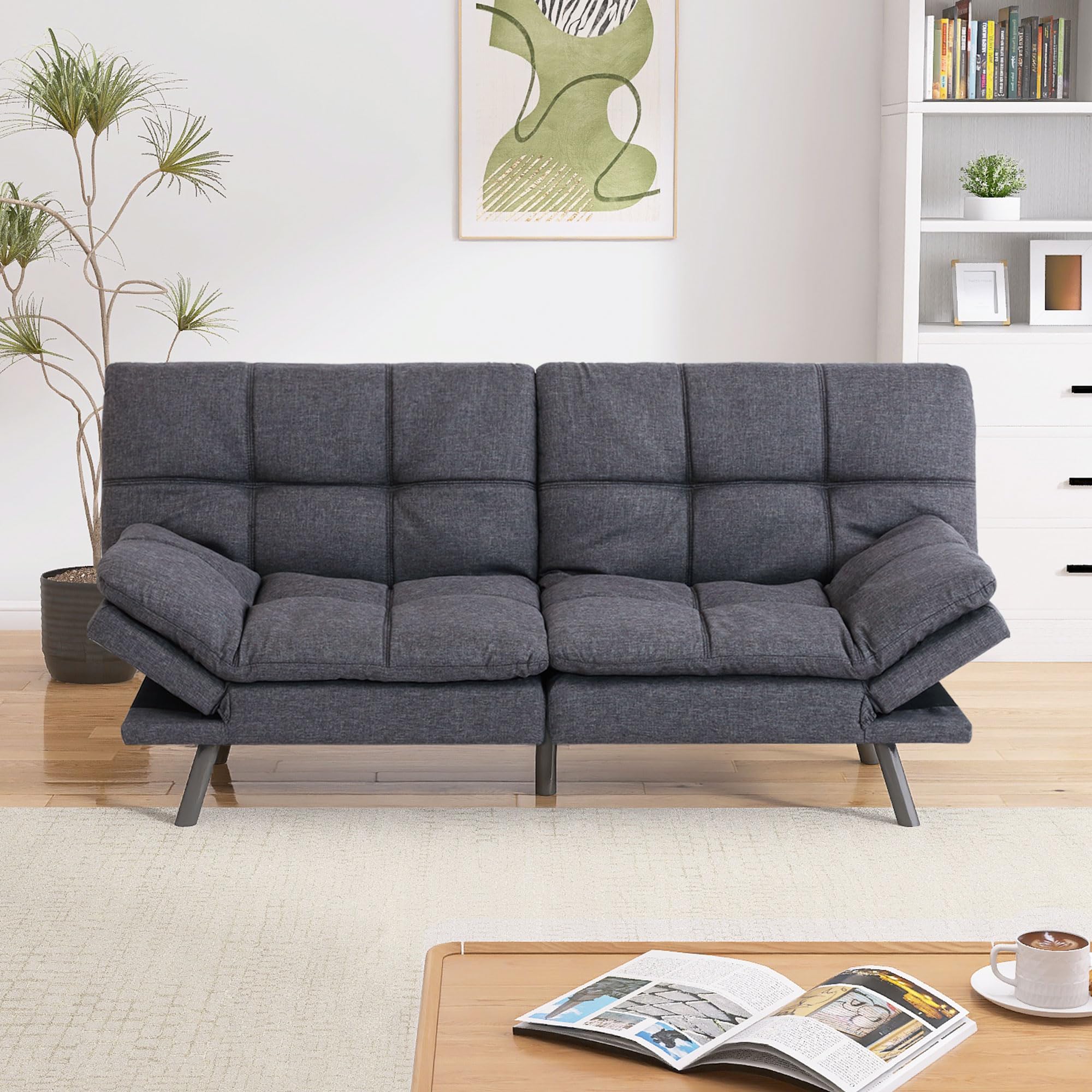 AMICLIBER Convertible Futon Sofa Bed Couch,Linen Fabric Memory Foam Futon Couch,Loveseat Sleeper Sofa Bed,Small Splitback Modern Sofa Couch for Living Room,Office,Apartment,Deep Grey