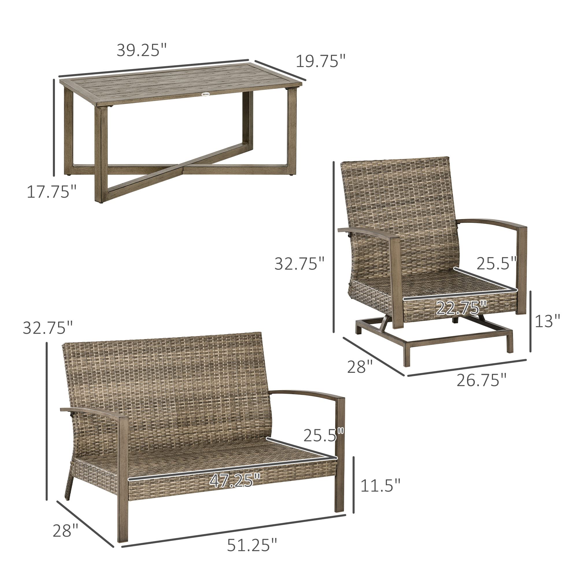 Outsunny 4 Piece Wicker Patio Furniture Set with 2 Rocking Chairs, Loveseat Sofa, Outdoor PE Rattan Conversation Set with Cushions, Aluminum Table for Porch, Poolside, Light Gray