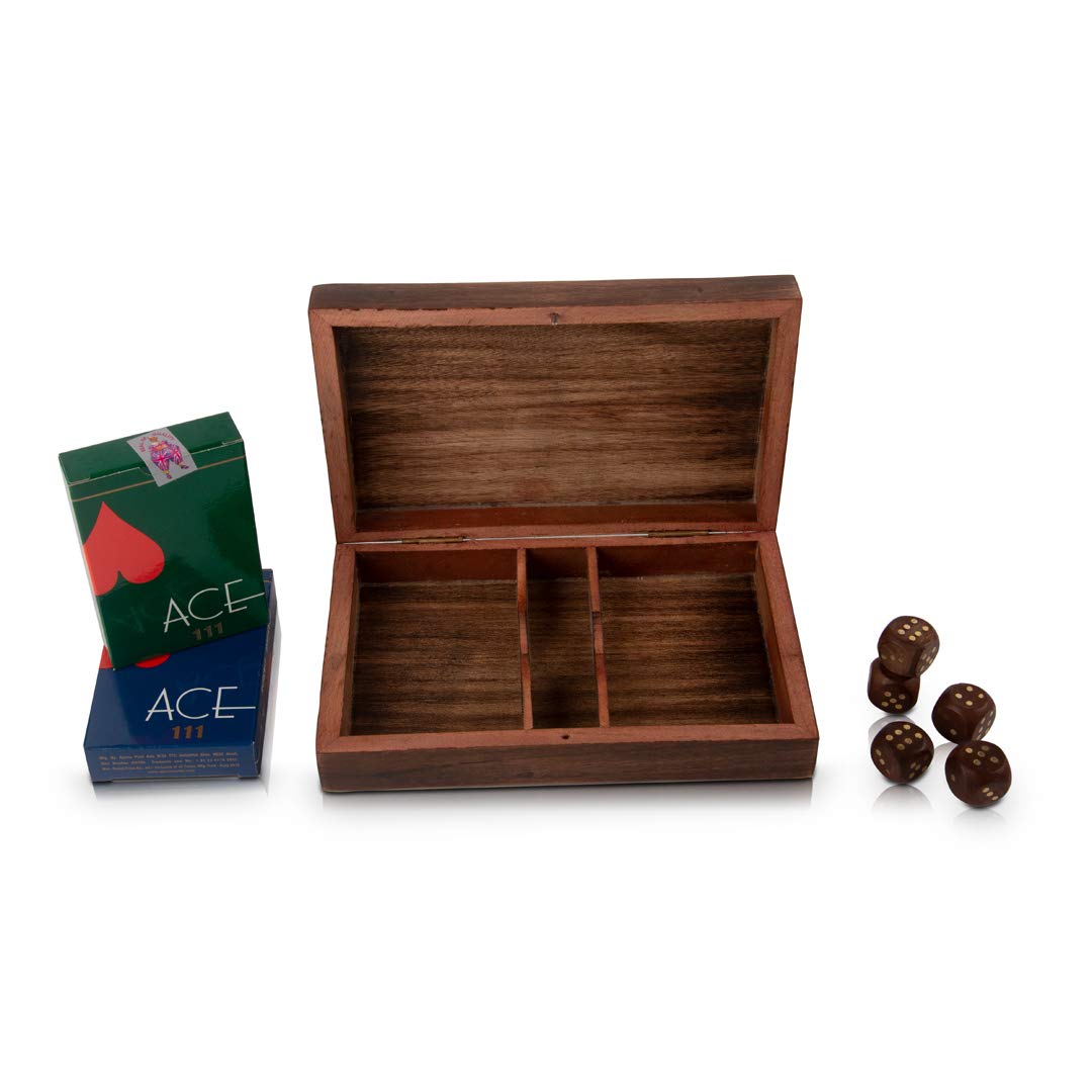 Birthday Gift Ideas Handcrafted Classic Wooden Playing Card Holder Deck Box Storage Case Organizer With Dice & Two Packs of Premium Quality 'Ace' Playing Cards For Men Women